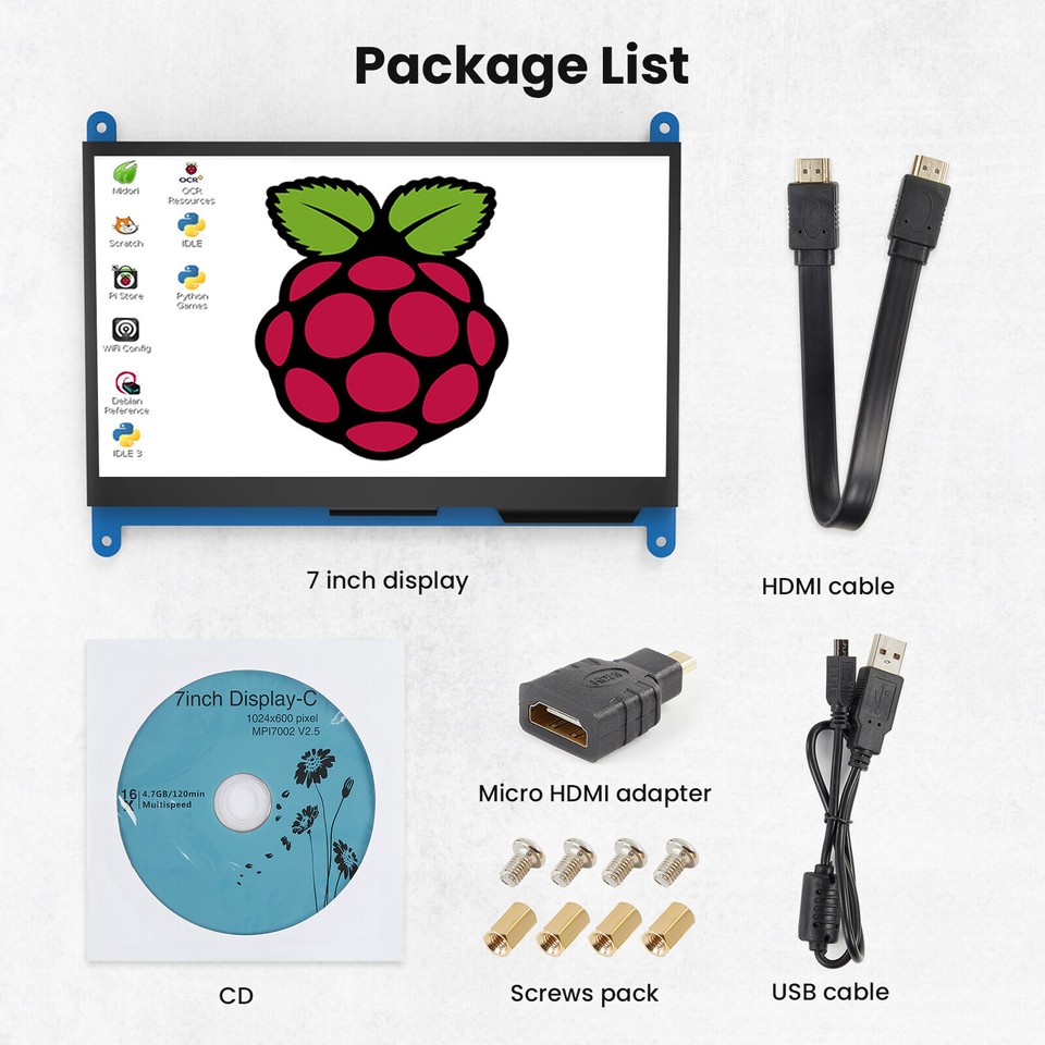 Raspberry Pi Screen 7inch Monitor IPS 1024x600 HDMI Capacative 7 ...