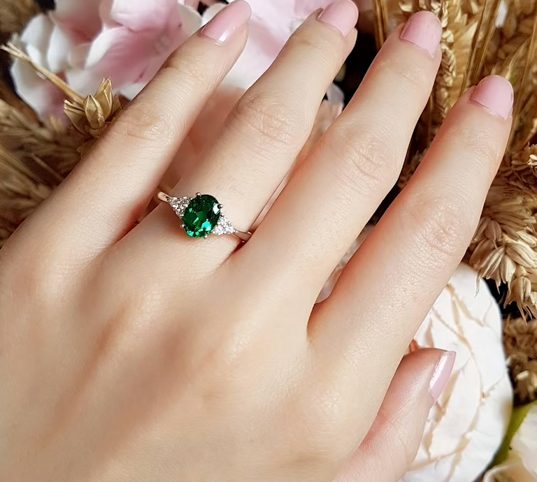Lab Created Emerald Ring Art Deco Wedding Sterling Silver Emerald Ring ...