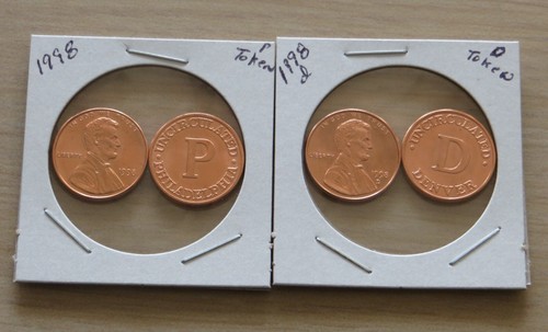 1998 Lincoln penny plus P token (9P5,6) 1998d Lincoln penny plus D ...