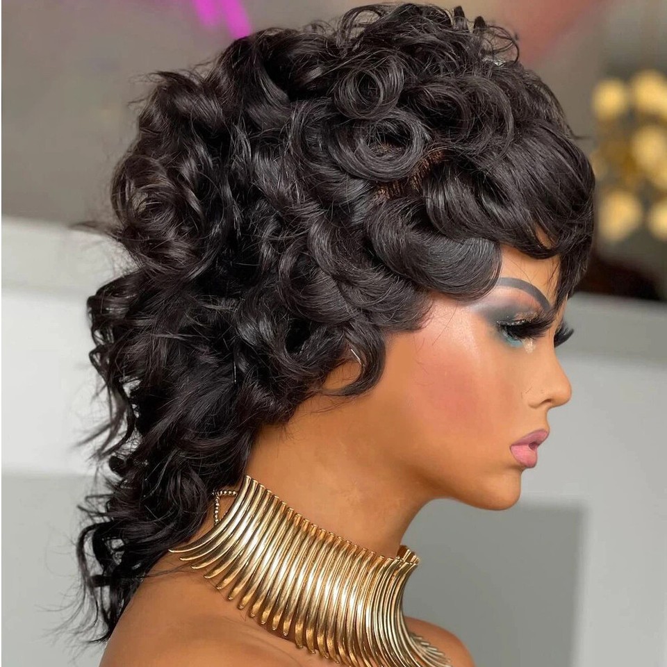Short Pixie Cut Wigs With Bangs Heat Resistant Human Hair Mullet Wigs ...