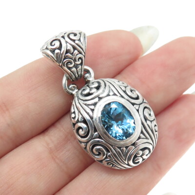925 Sterling Silver Vintage Real Blue Topaz Gemstone Ornate Pendant | eBay