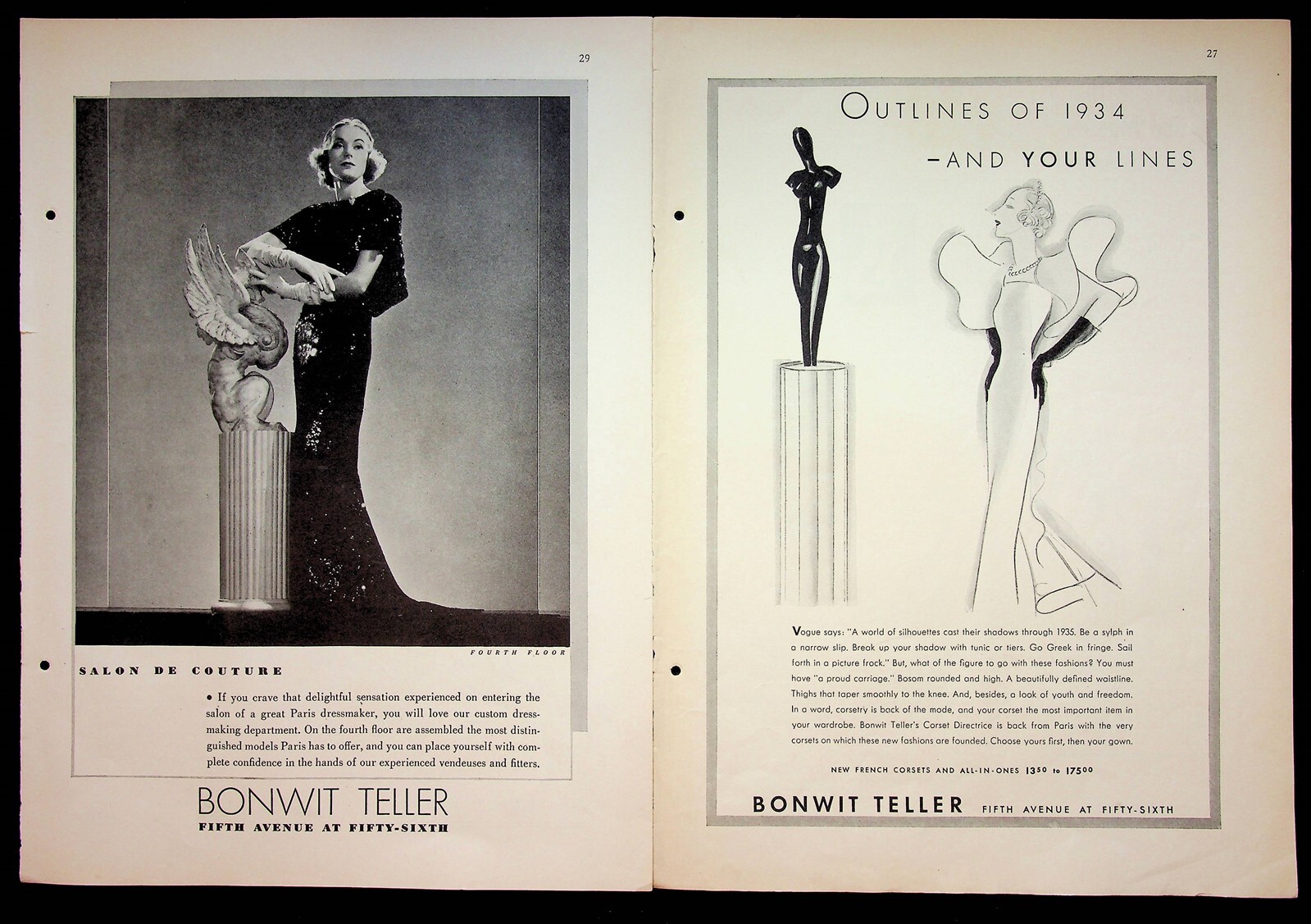 Bonwit Teller Lot Of 2 Ads French Corsets Salon De Couture 1934 Ad NY ...