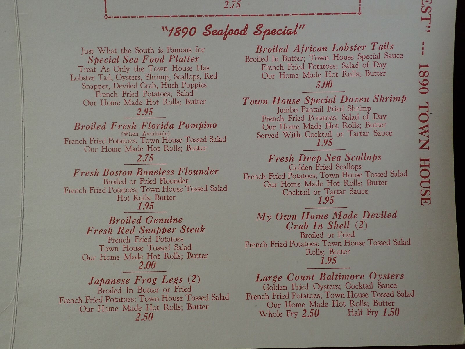 Menu 1890 Town House Restaurant Early Menu Special Sea Food Platter $2. ...