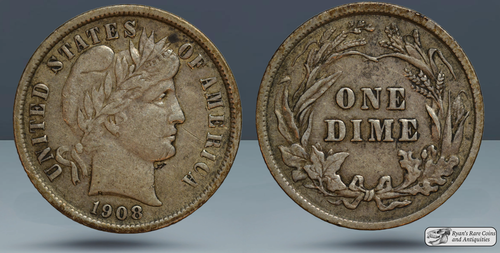 1908 Barber Dime, Extremely Fine Condition Ryan's Rare Coins ...