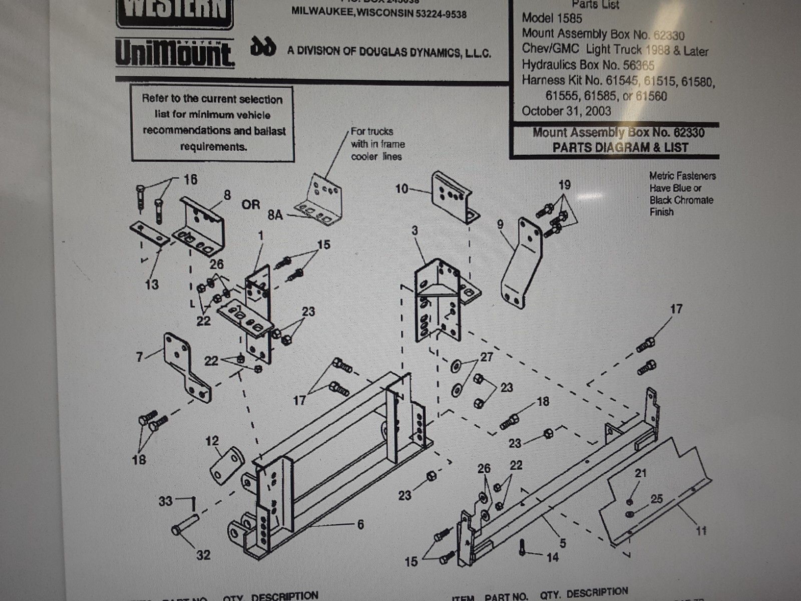 Western 62330 Snow Plow mount Bolt Kit 88-98 Chevy/GMC 1500 2500 3500 ...