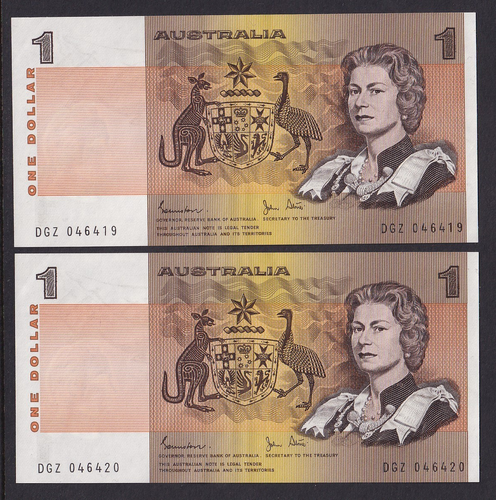 AUSTRALIAN BANKNOTES: 1982 - 2 CONSECUTIVE $1 JOHNSTON / STONE CIRC. # ...