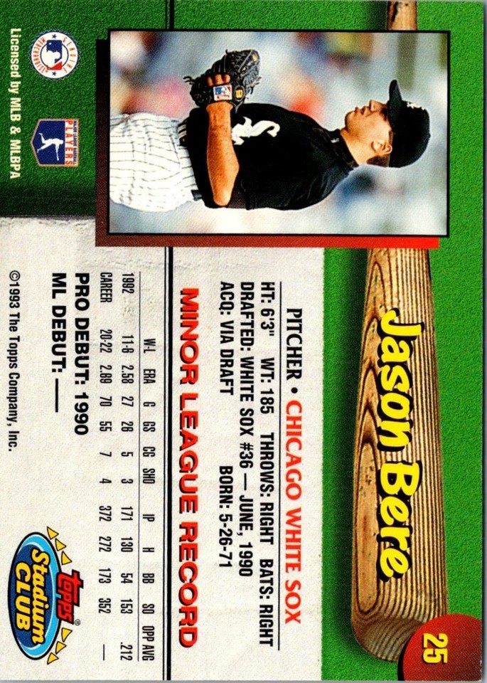 1993 Stadium Club Chicago White Sox Jason Bere #25 Chicago White Sox | eBay