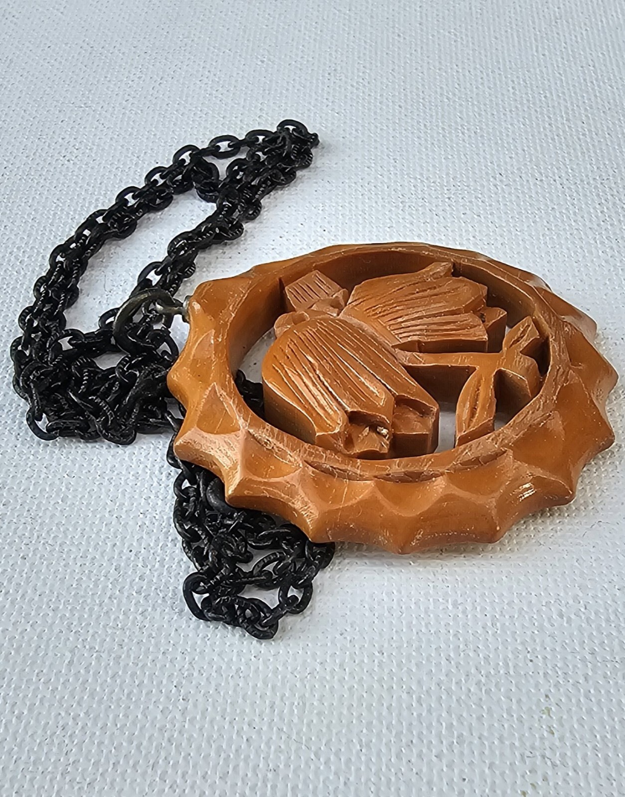 Vintage Carved Wood Pendant On Chain | eBay