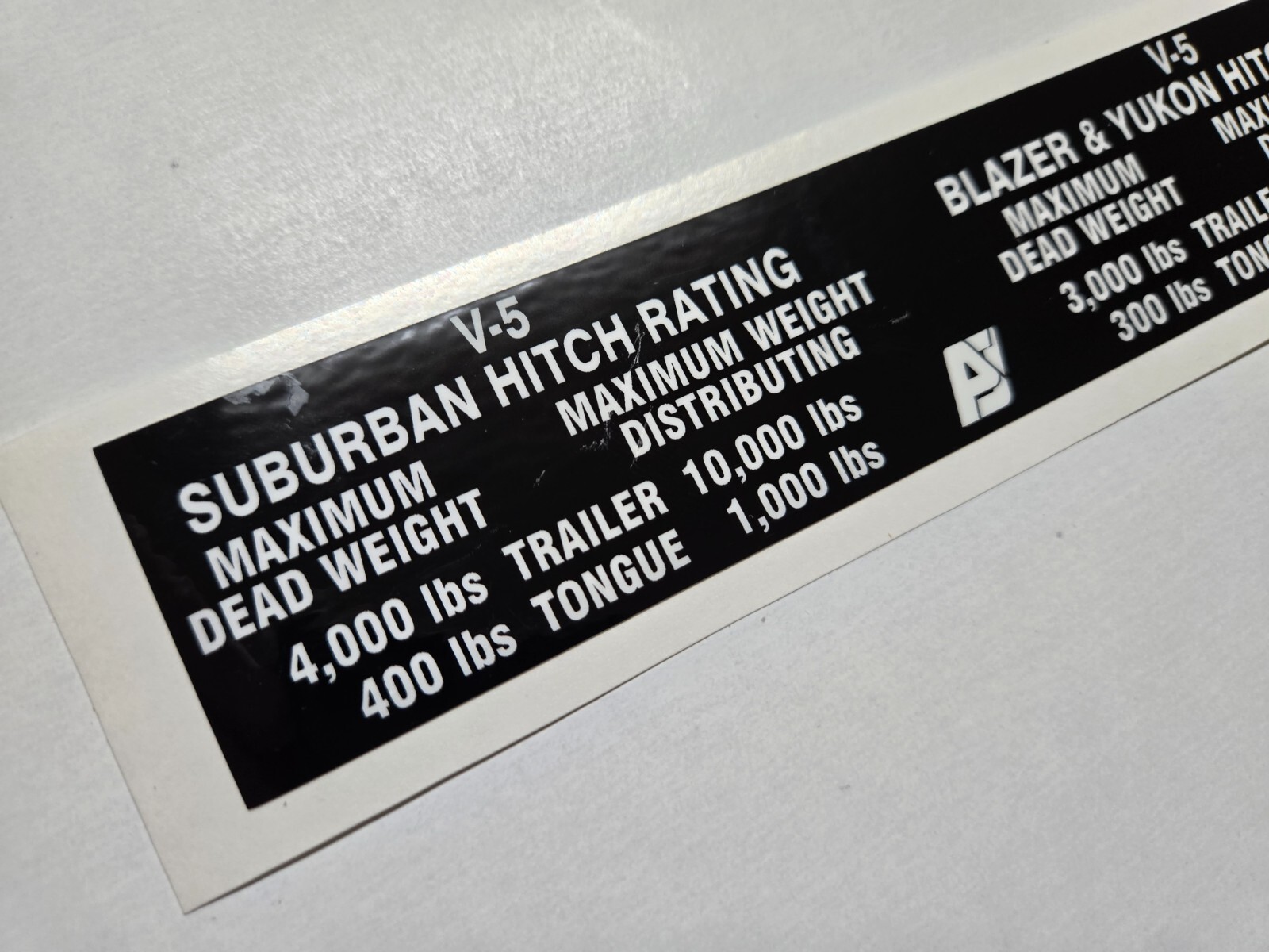Hitch Rating Label/Sticker fits K5 Blazer Yukon Suburban GM Receiver ...