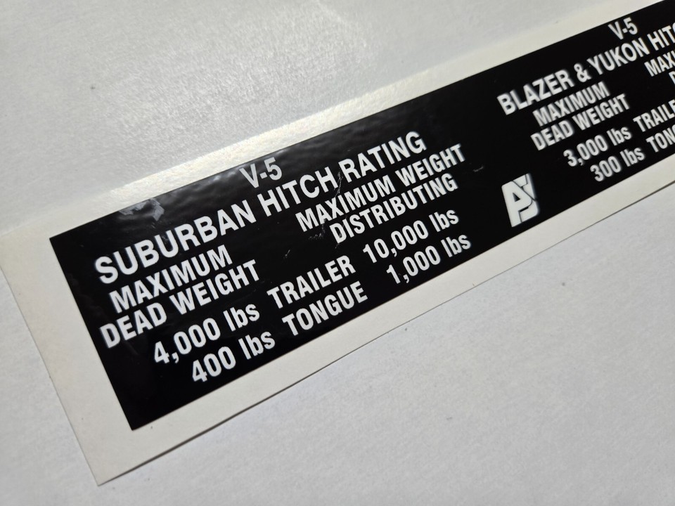 Hitch Rating Label/Sticker fits K5 Blazer Yukon Suburban GM Receiver ...