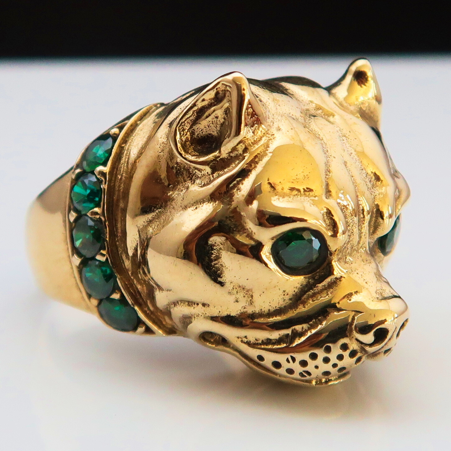 PITBULL RING, MENS PET DOG LOVER RING PITBULL WITH GREEN CZ COLLAR SIZE ...