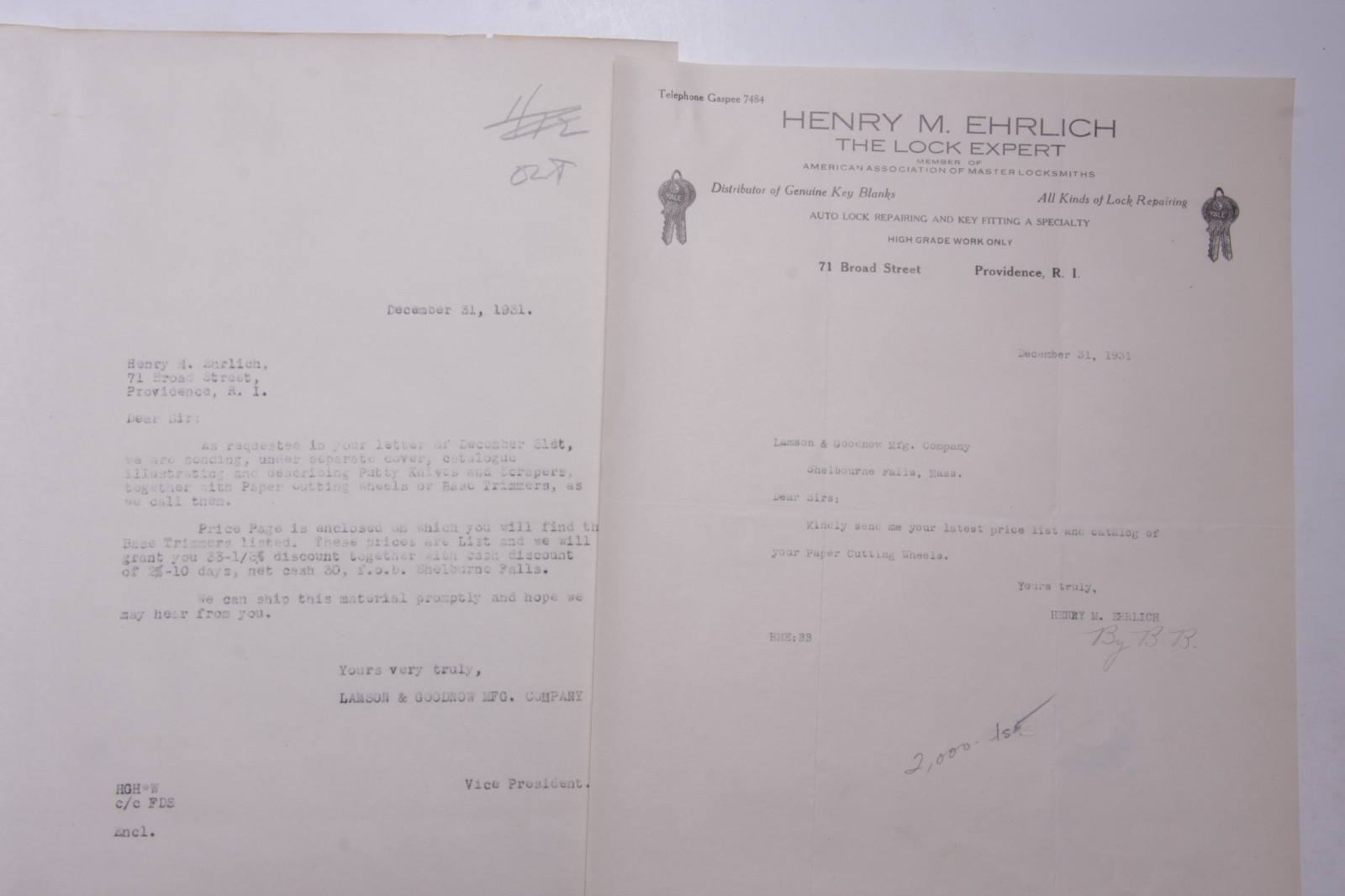 1931 Lamson Goodnow Henry M Ehrlich Lock Expert Providence RI Ephemera ...