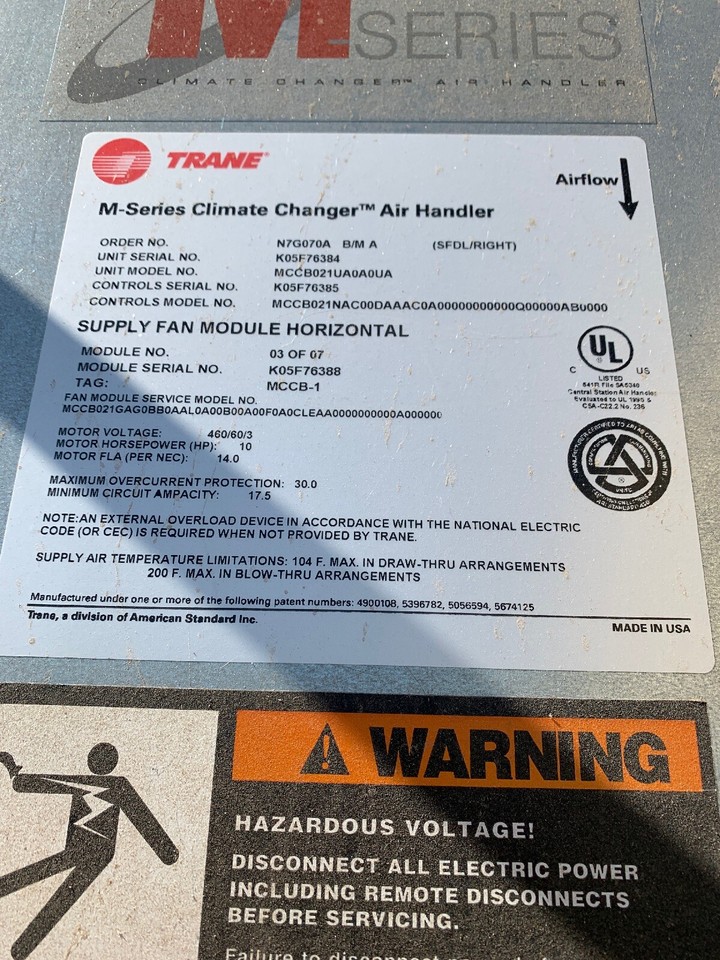 TRANE M SERIES Climate Changer Air Handler Model MCCB021UA0A0UA | eBay