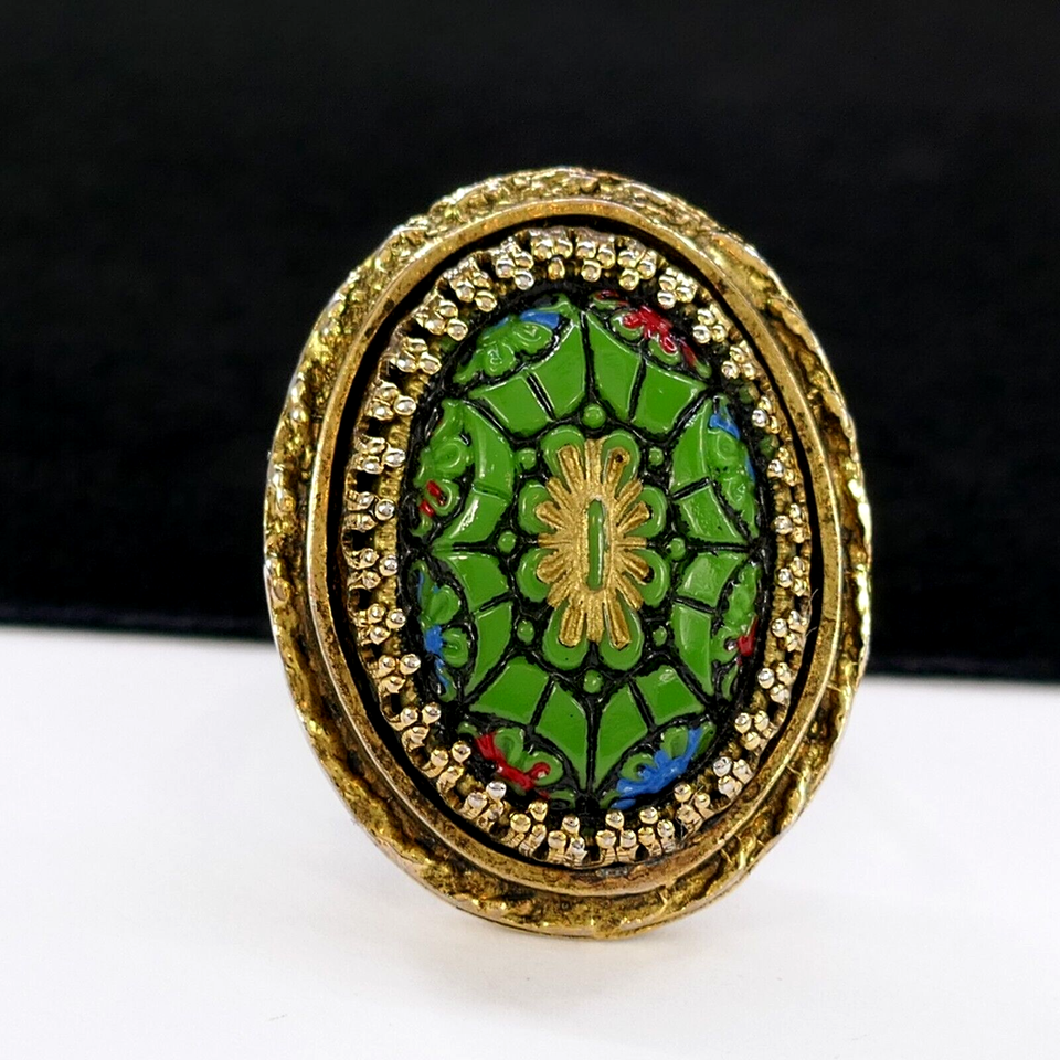 VINTAGE 60'S MOROCCAN MATRIX MOSAIC MOLDED GLASS COCKTAIL RING GREEN ...