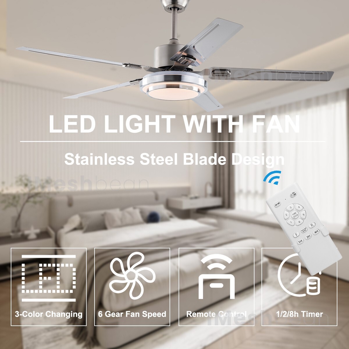 52" 5 Blades Indoor Control Remote Ceiling Fan with LED Light w/ Remote ...