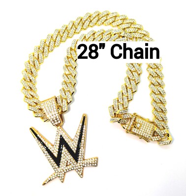 WWE GEM NECKLACE Gold Bling Pro-Wrestling Logo Hip Hop Pendant & 28 ...