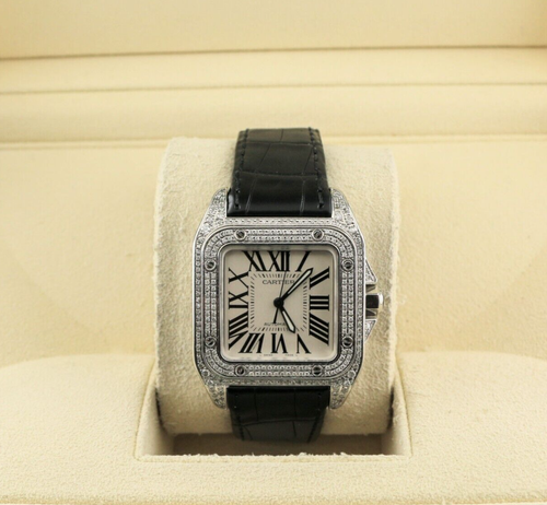 Cartier Santos Iced Out Diamond 2878 White Roman Dial Leather Strap ...