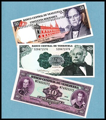 Venezuela UNC Notes Set 10, 20, 50 Bolivares Lot 3 Currency Banknote ...