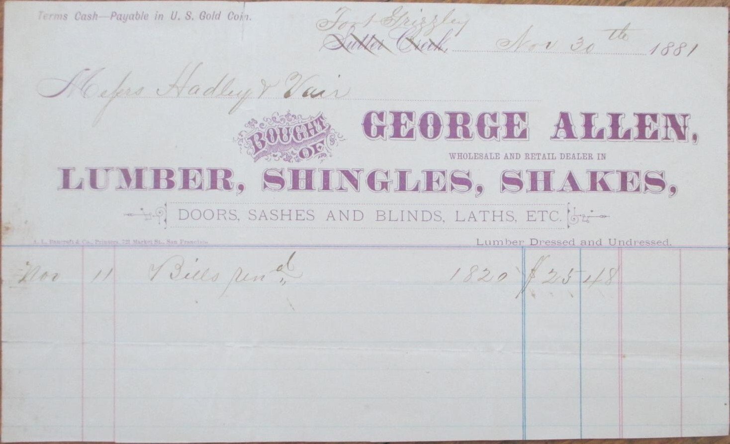 Sutter Creek, CA, Fort Grizzley, AZ 1881 Letterhead, Lumber, Arizona ...