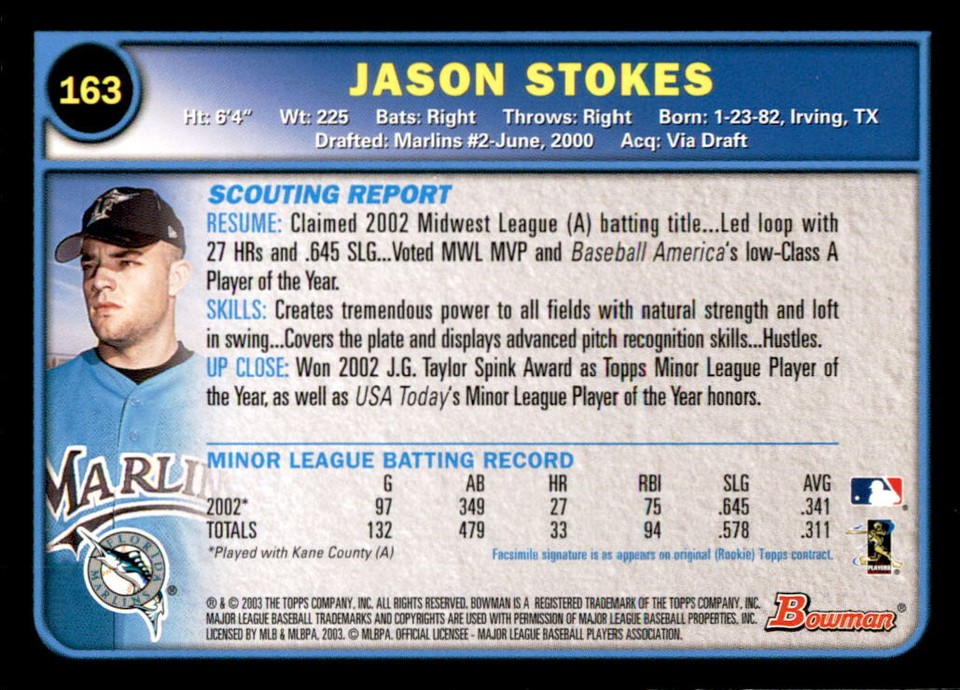 2003 Bowman #163 Jason Stokes Florida Marlins | eBay