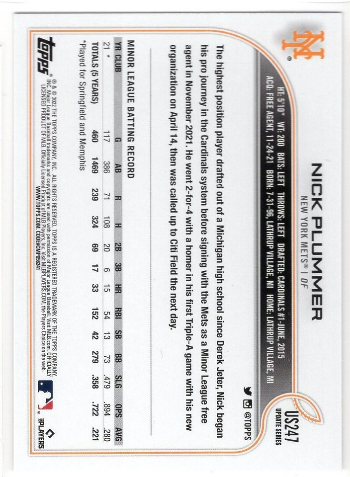2022 Topps Update Series Rookie Card #US247 Nick Plummer RC New York ...