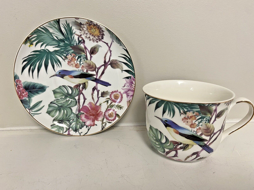 Grace Teaware Blue Jay Bird Porcelain Cup & Saucer Coffee Tea Green w ...