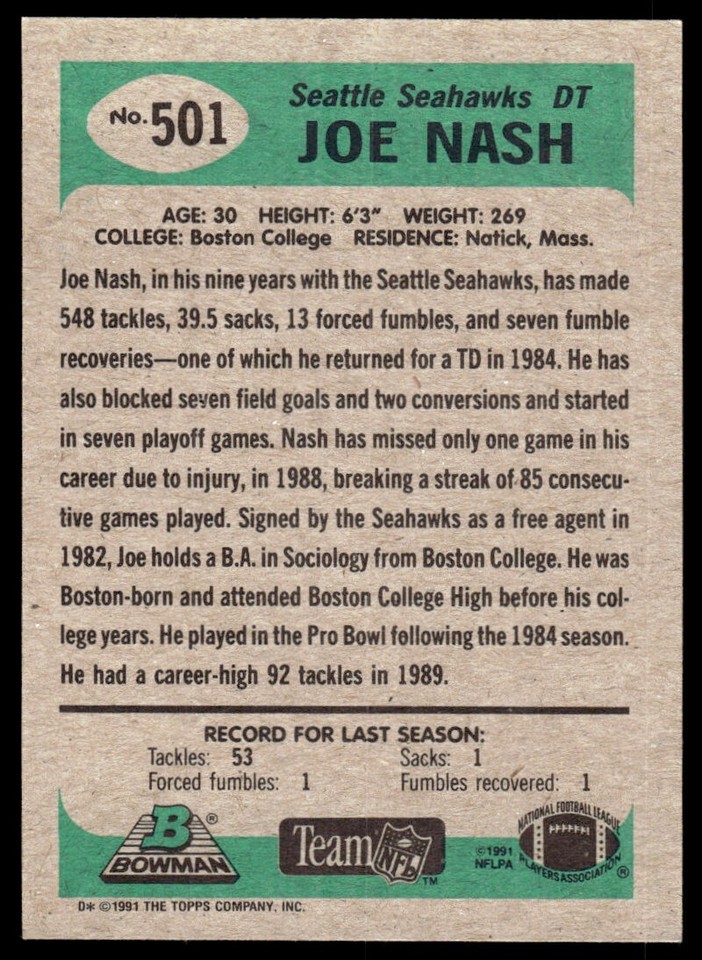 1991 Bowman #501 Joe Nash - Seattle Seahawks | eBay