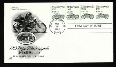#1899 5c Pope Motorcycle 1913- ArtCraft FDC Plt # 2 Coil (4) with Line ...