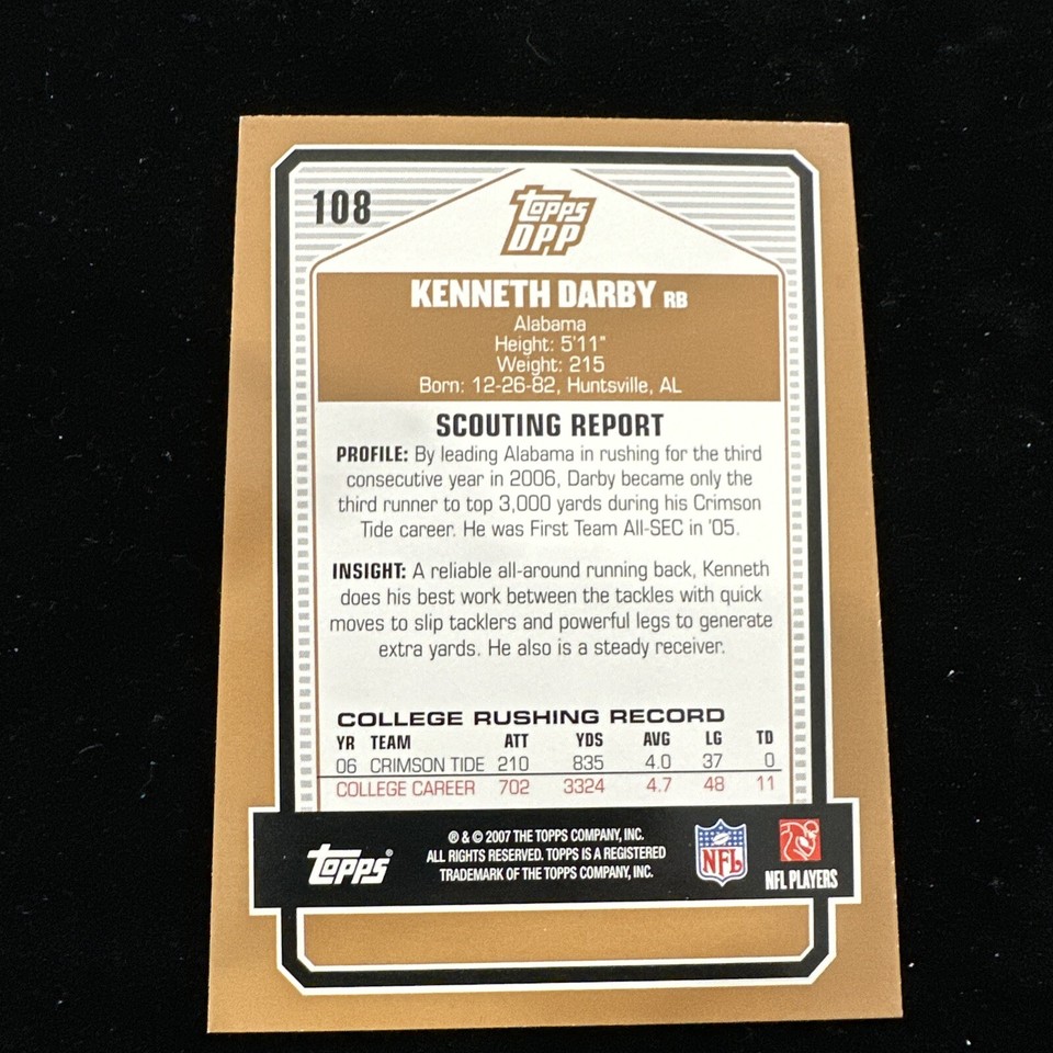 2007 Topps DPP Football Kenneth Darby Alabama #108 NRMT | eBay