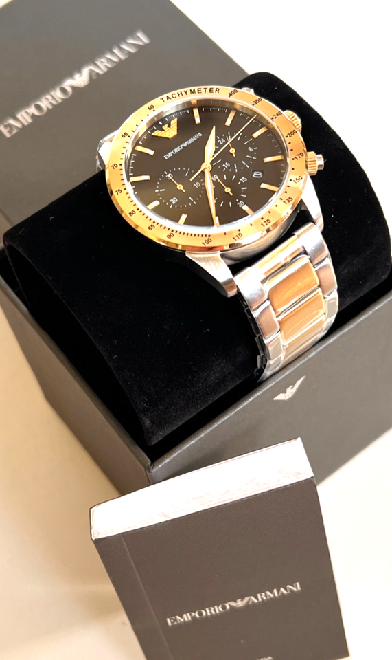 Emporio Armani AR11521 Mens Two Tone Black Dial Chronograph Watch BNWT ...