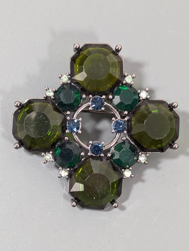 Retro Shades of Green Rhinestone Cross Flower Brooch Pin Gray Metallic ...
