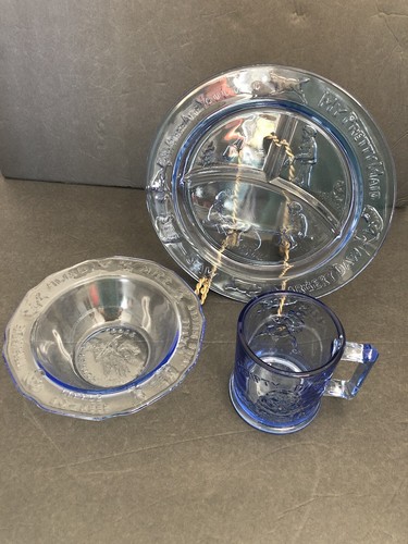 TIARA GLASSWARE CHILDREN’S BLUE GLASS MOTHER GOOSE NURSERY RHYME MEAL ...