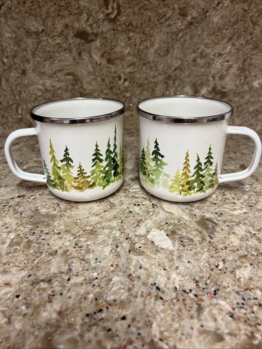 2 LL Bean Metal Enamel Camping Mug Coffee Cup Evergreen Trees Read DESC ...