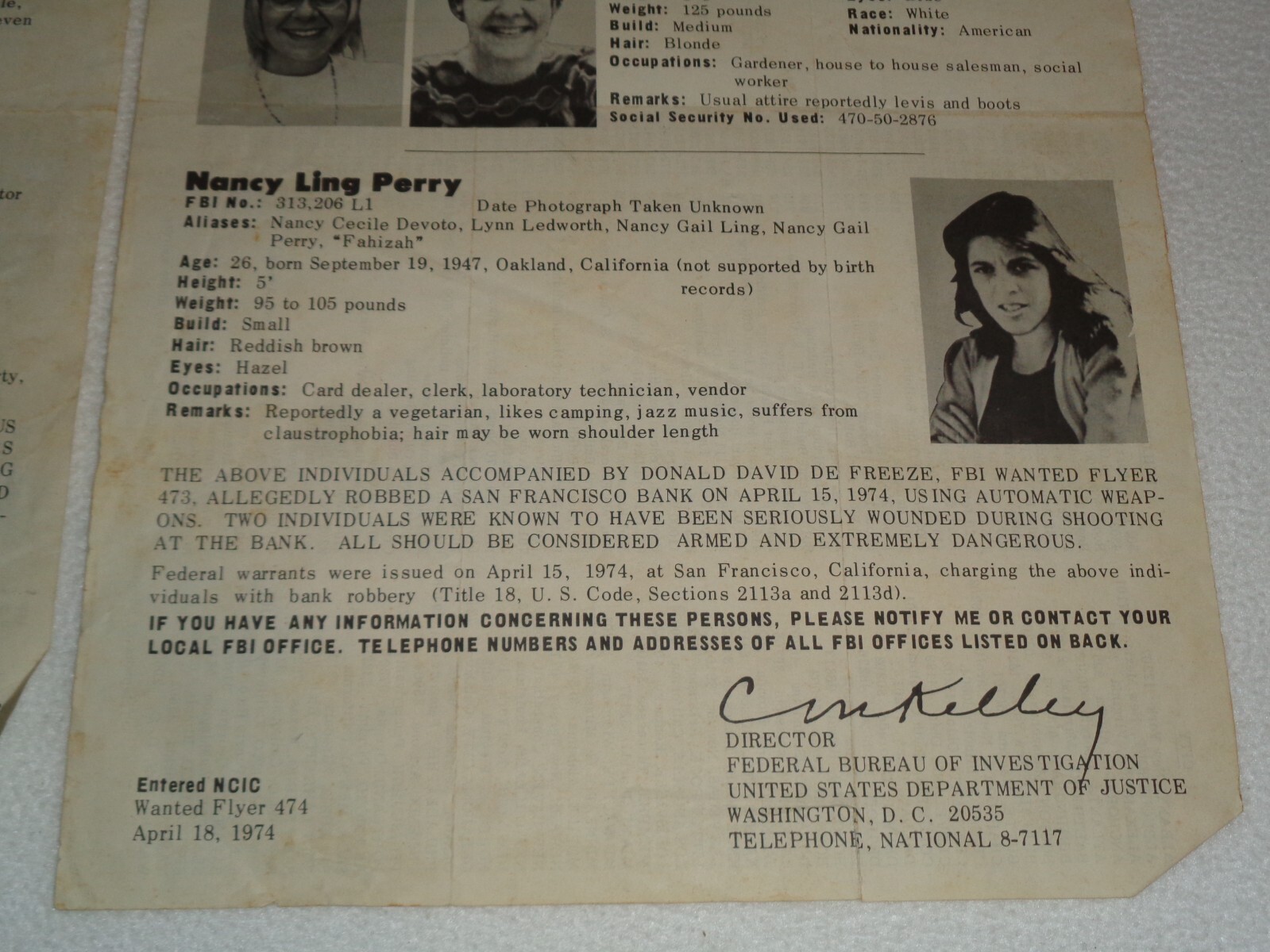 Symbionese Liberation Army SLA 1974 FBI Wanted Posters (2) DeFreeze ...