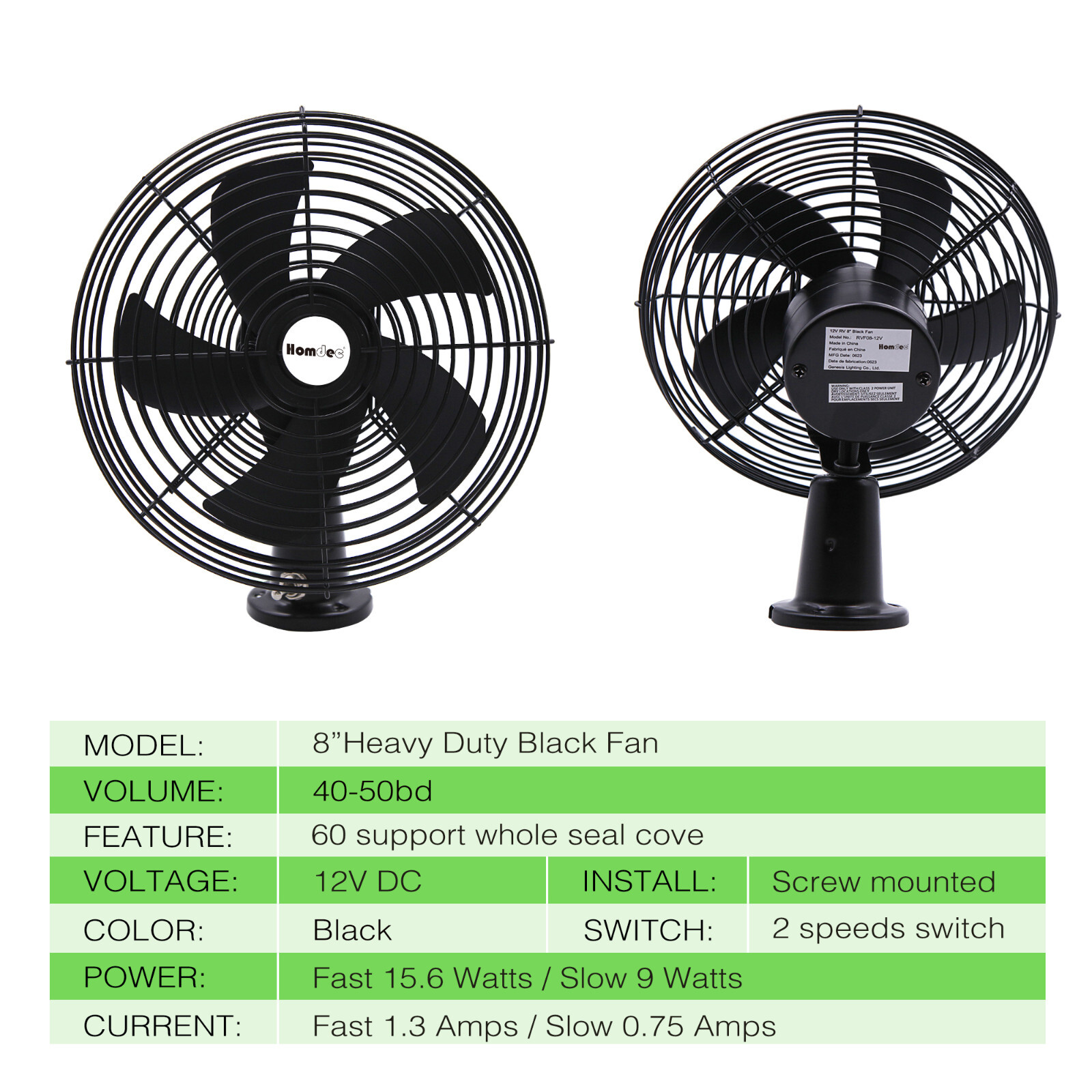 Homdec 8'' 12V RV Car Fan Air Cooling Fan With 2-Speed Switch, For Auto ...