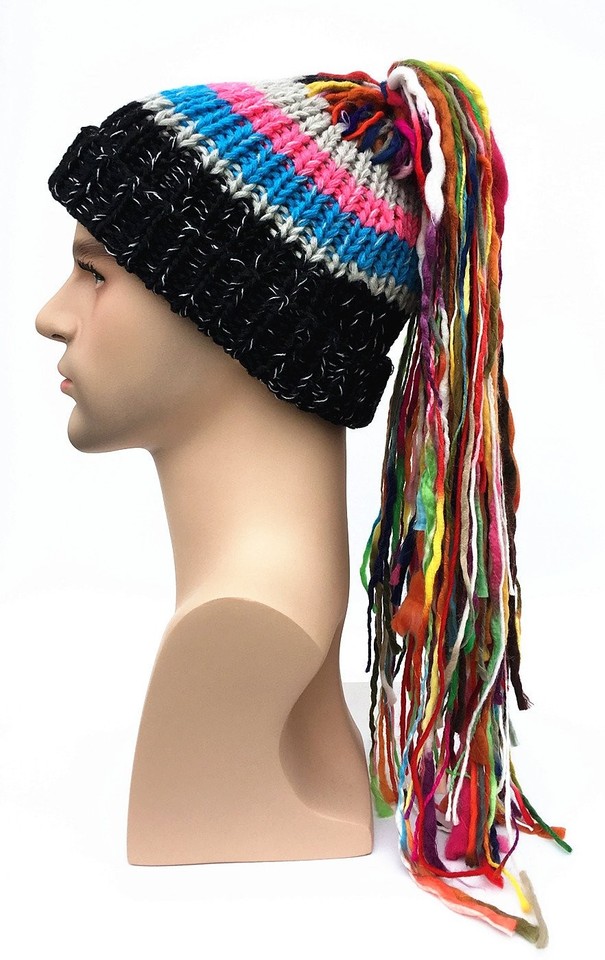 Men/Women Barbarian Vagabond Knit Hat Wig Ponytail Beanie Funny Caps ...