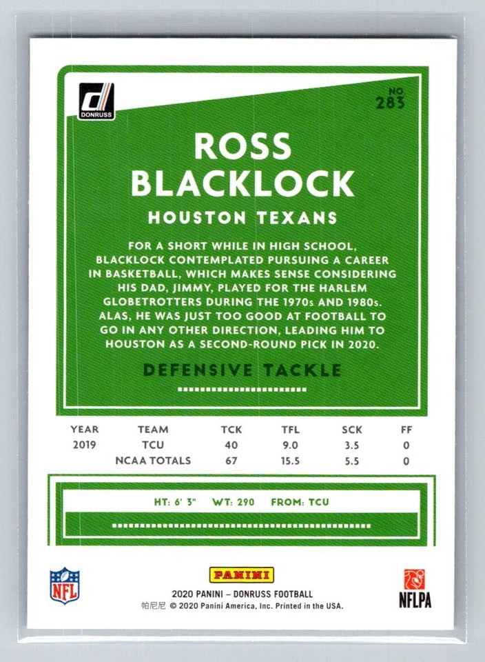 2020 Donruss Rookie RC #283 Ross Blacklock Houston Texans Football Card ...