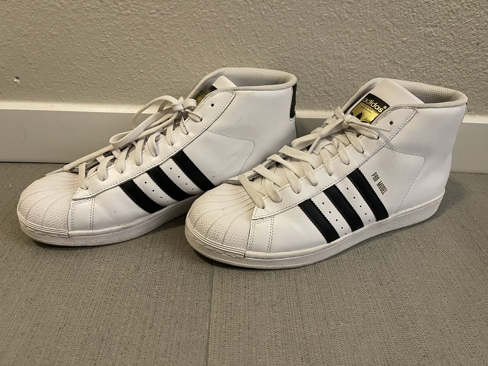 adidas Pro Model White Leather High Top with Blue Stripes and Gold Logo ...