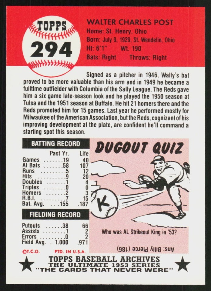 1991 Topps Archives 1953 Wally Post #294 REPRINT BASEBALL CARD ...