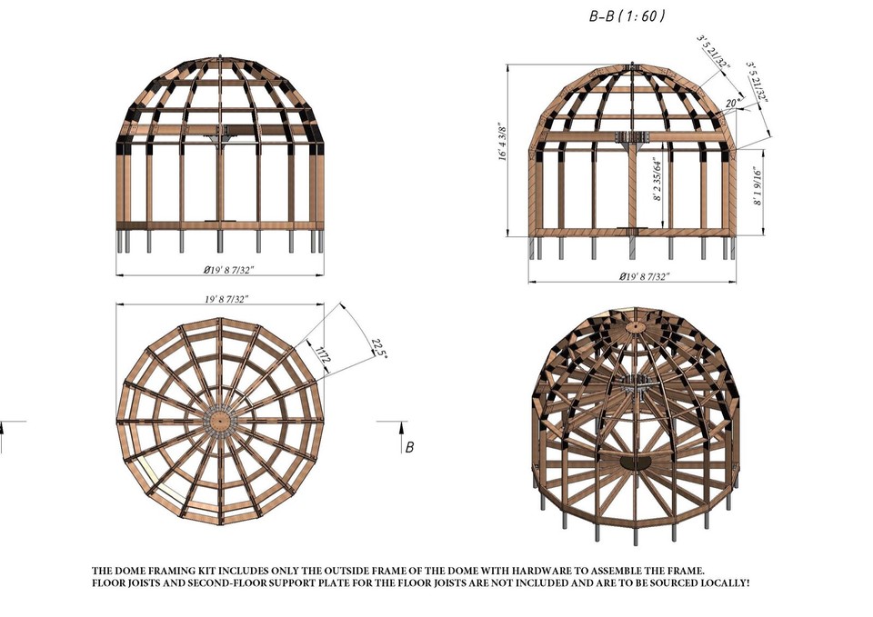 MOON HOUSE 20’ DIAM DOME FRAMING KIT PREFAB WOOD PRE-CUT DIY HOME FRAME ...