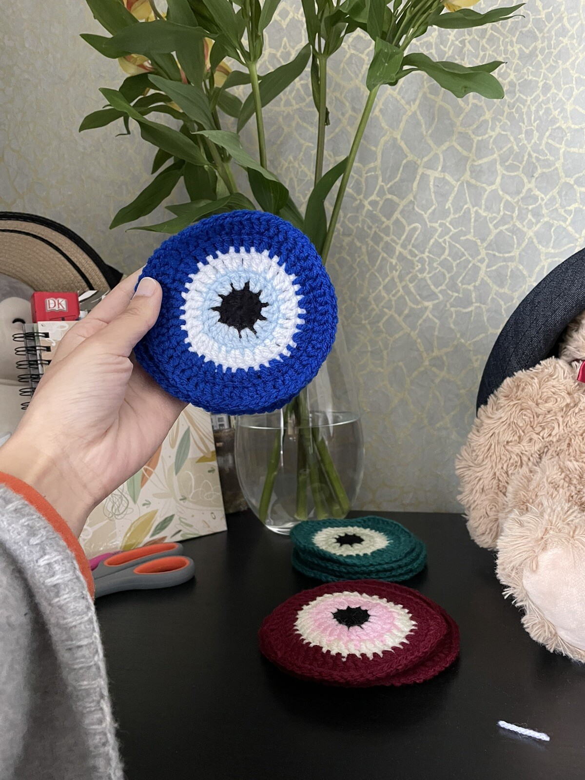 Set of 4- Evil eye coasters crochet handmade- gift Turkish Evil Eye ...