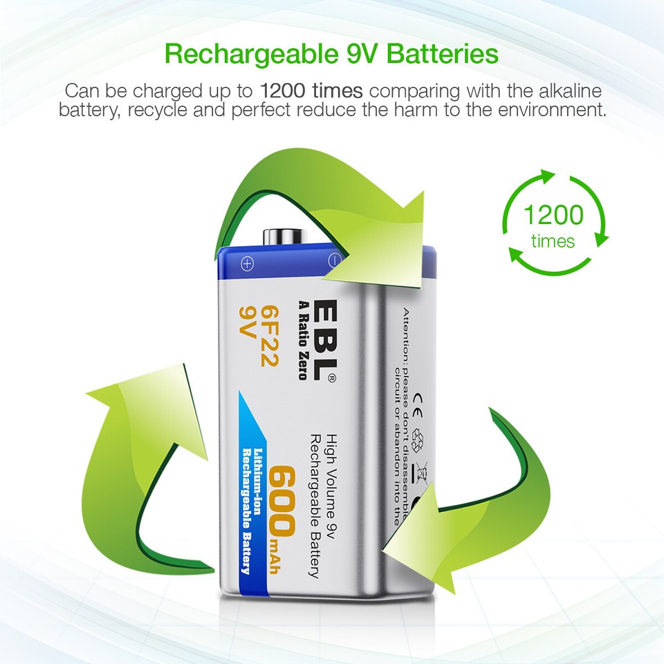 EBL 600mAh Rechargeable 9V Batteries / 9 Volt Lithium Ion Battery ...