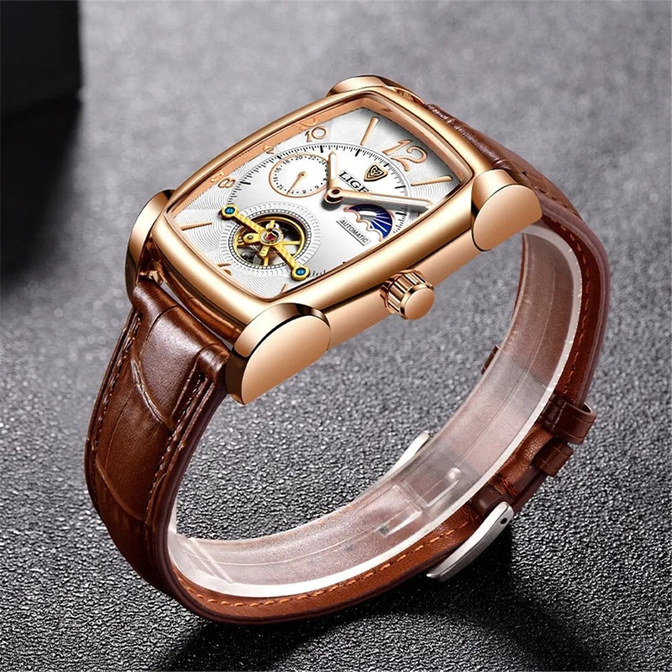 LIGE Watch Men Mechanical Automatic Wristwatch Male Leather Rectangle ...