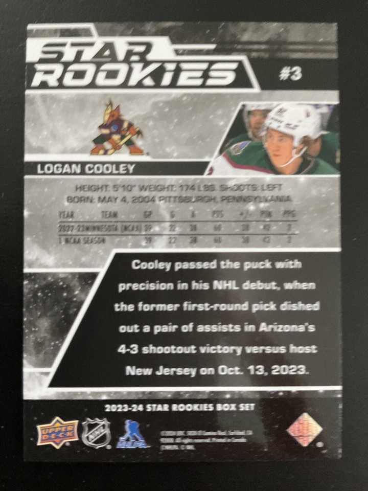 Logan Cooley 2023-24 Upper Deck Star Rookies Blue Parallel RC Card #3 ...