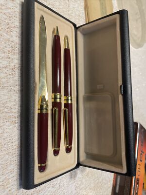 Antique VTG 3 pc Pen Set Burgundy & Gold Unbranded WO Use | eBay