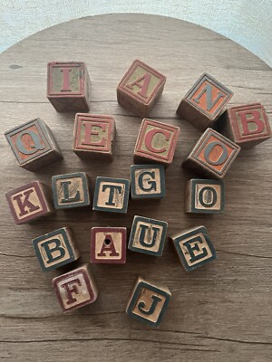 Antique 1920s Primitive wooden toy blocks w/alphabet numbers & pictures ...