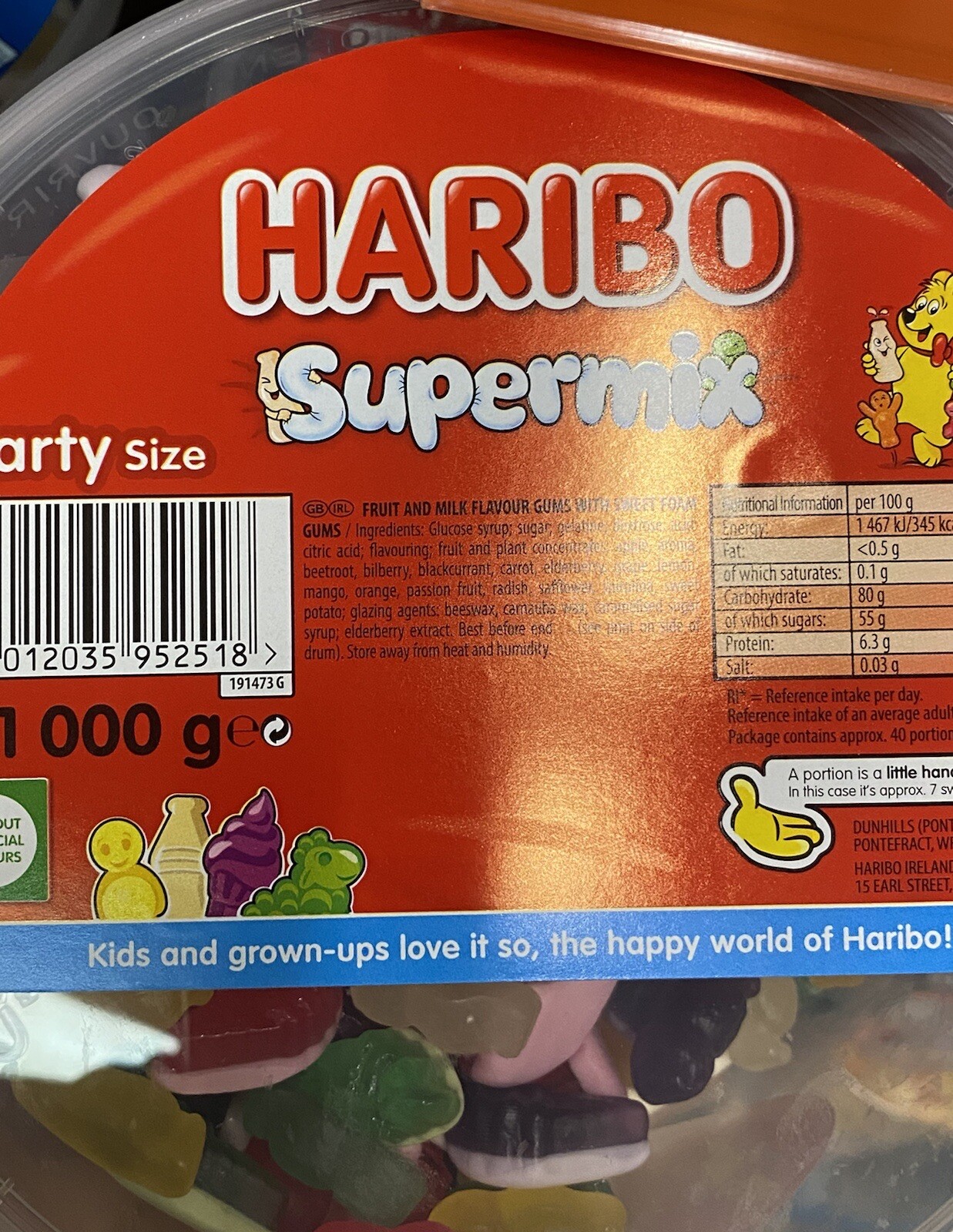 1Kg Haribo Super Mix Supermix Drum Tub Christmas Sweets Candy Bulk ...