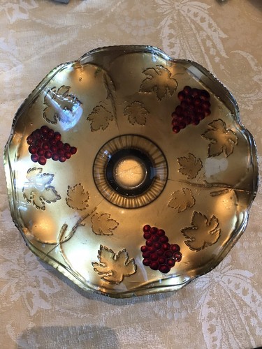 Vintage GOOFUS GLASS Large Footed BOWL DISH Red ROSES Gold SAWTOOTH 9 3 ...