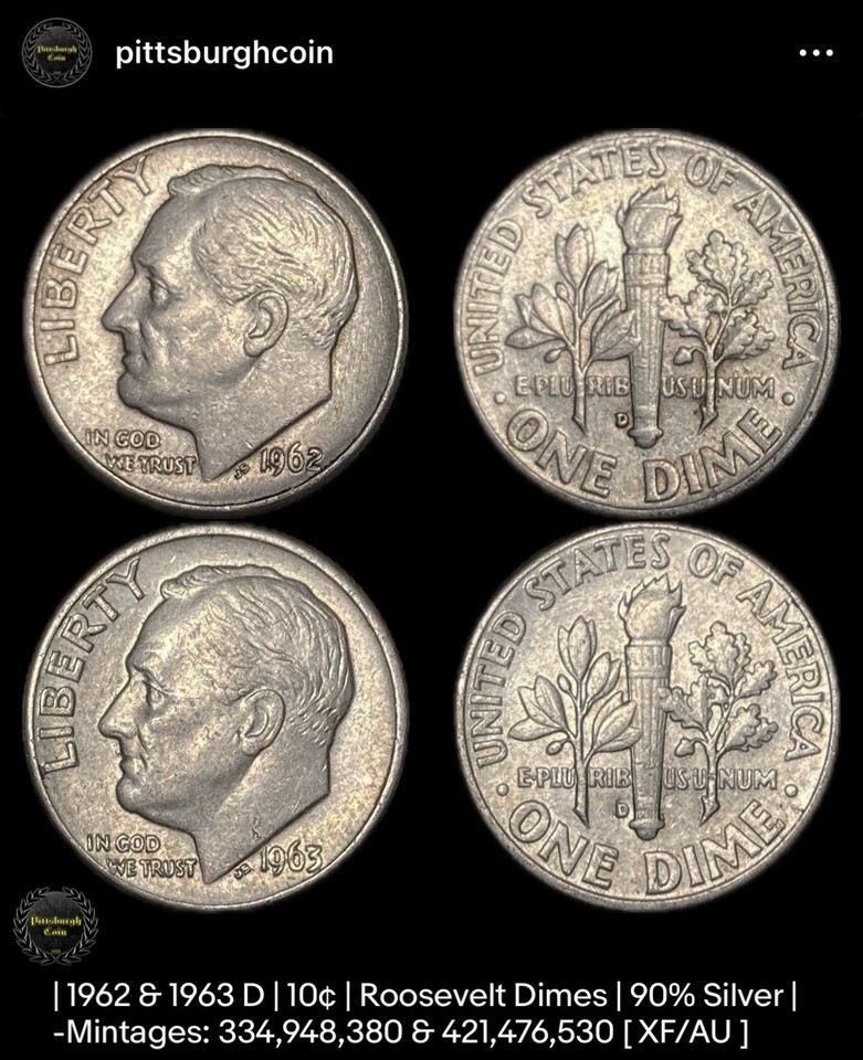 1962 & 1963 D 10C Roosevelt Dimes XF/AU Examples 90% Silver Vintage US ...