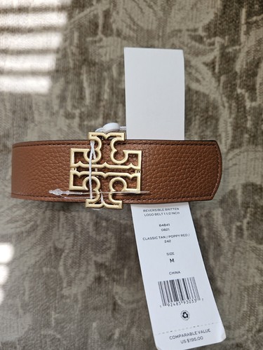 TORY BURCH Rvsb Britten Logo Belt 1.5 in. Classic Tan/ Poppy Red Size M ...